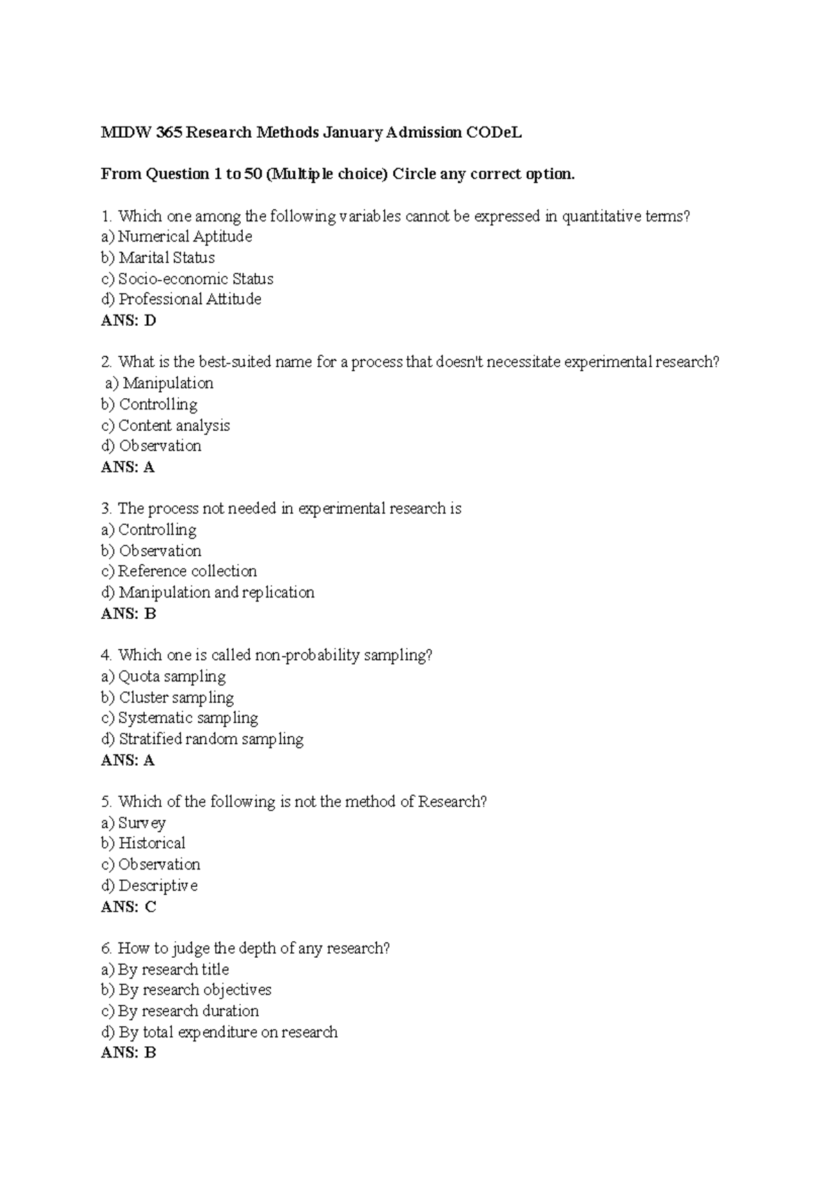 Questions and Answers MIDW 365 Research Methods January Admission CODe ...