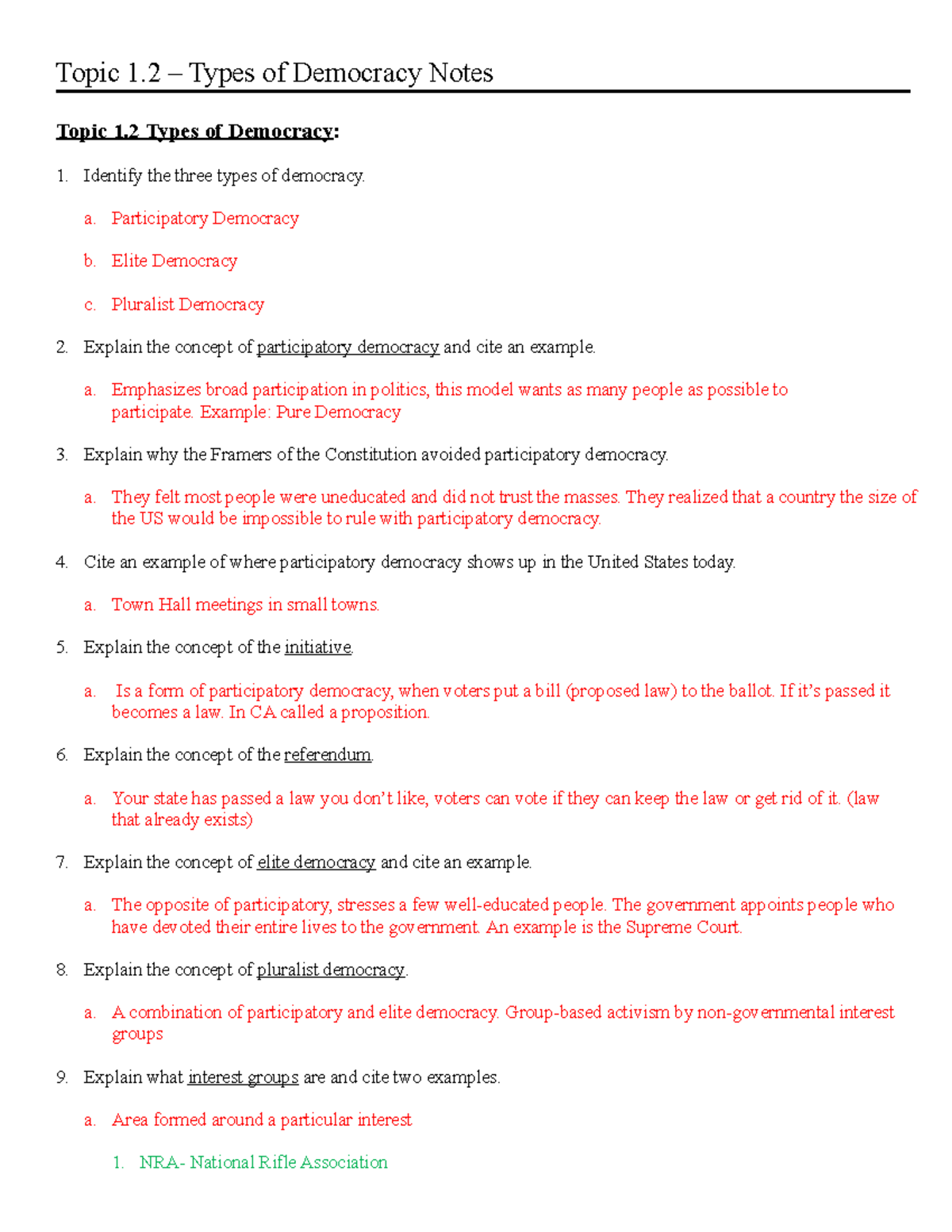 Topic 1.2 - Types OF Democracy Notes - Topic 1 – Types of Democracy ...