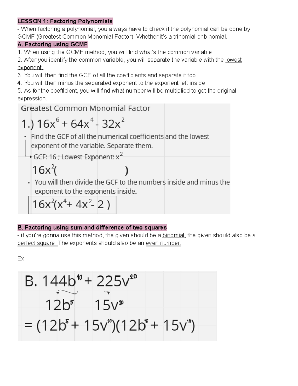 Enhanced Math Reviewer - LESSON 1: Factoring Polynomials When factoring ...