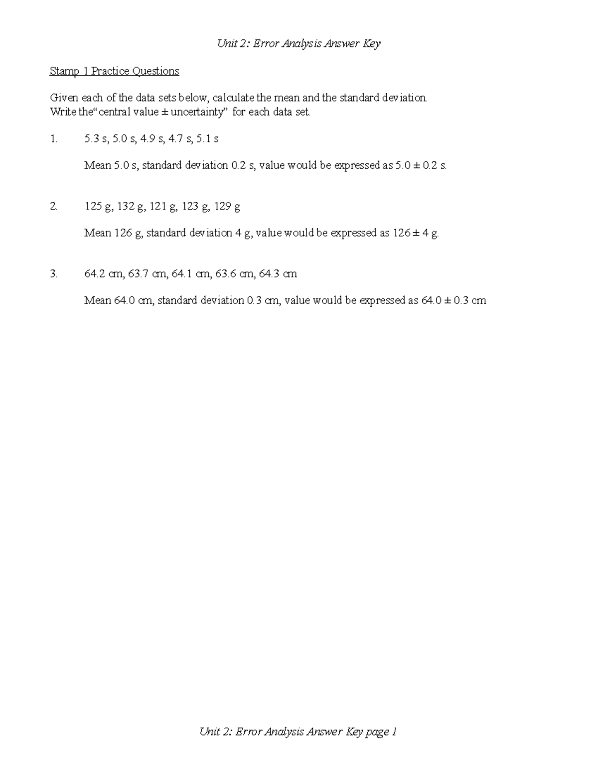 Unit 2 Error Analysis Answer Key - Write the“central value ± uncertainty” for each data set. 5 s ...