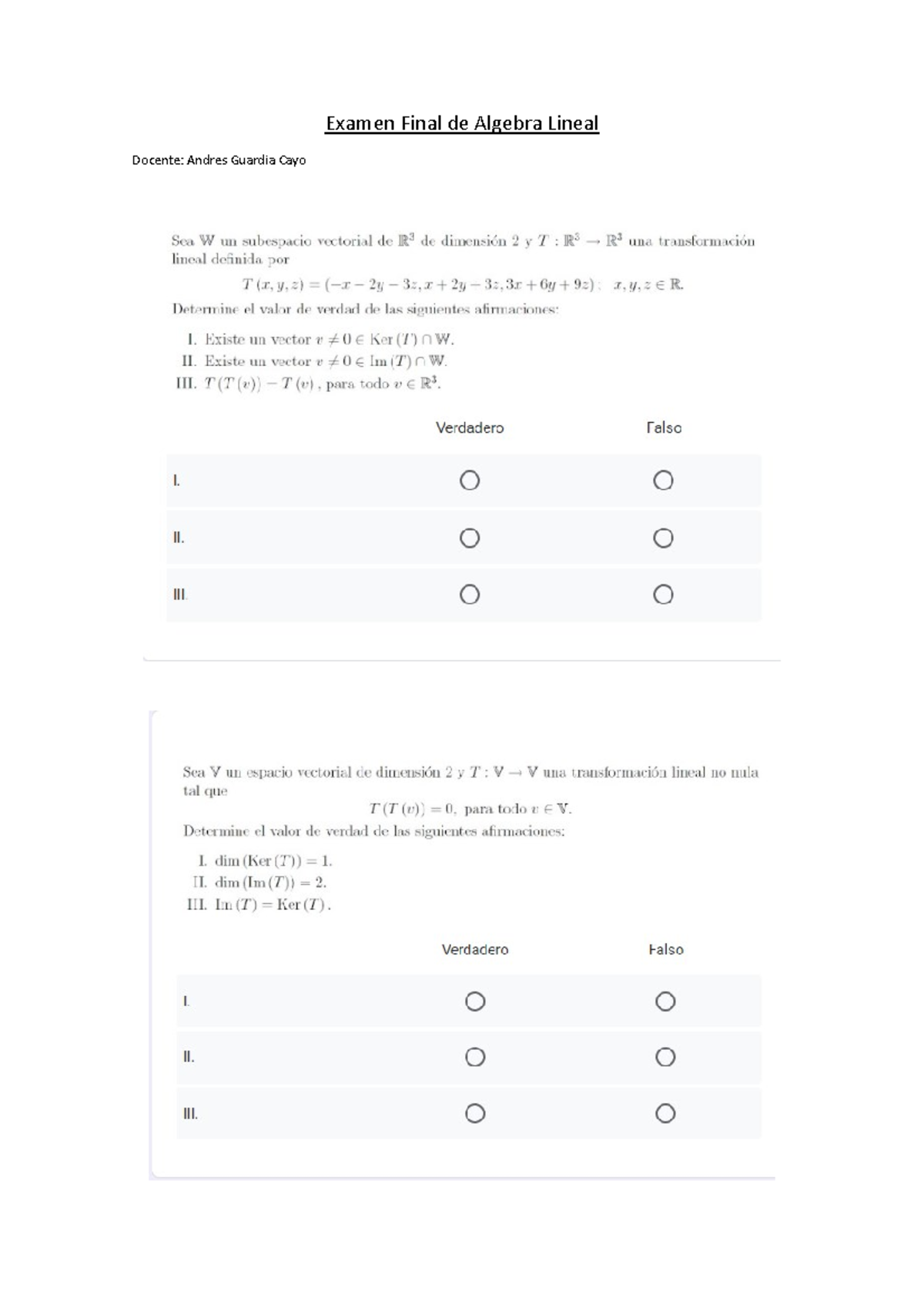 Examen Final - algebra lineal fiee unmsm - Examen Final de Algebra Lineal Docente: Andres ...