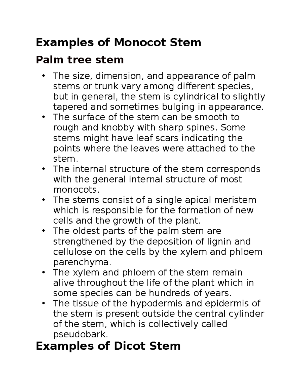 Bio 45 - Notes - Examples of Monocot Stem Palm tree stem The size ...