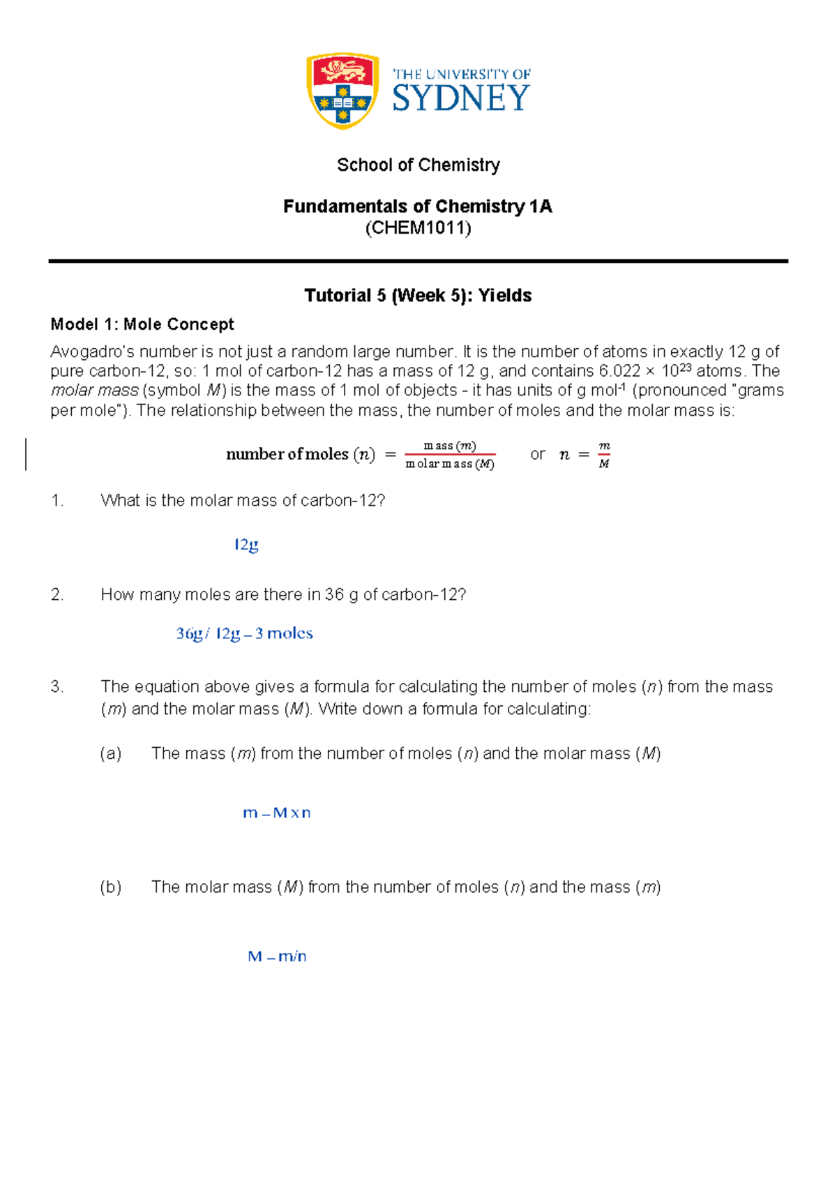 Tutorial 05 - School of Chemistry Fundamentals of Chemistry 1A ...