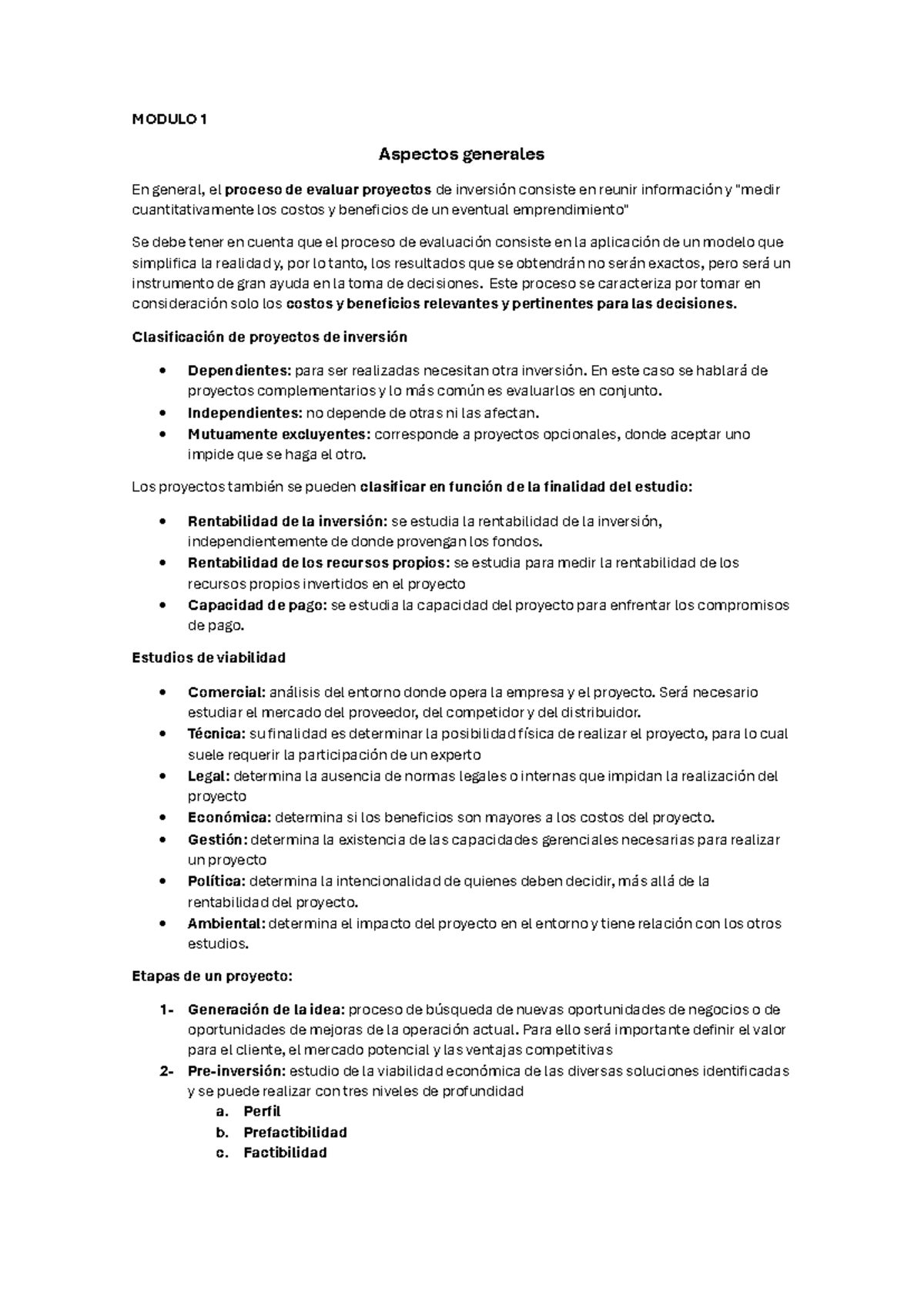 Formulacion y evaluacion de proyectos - MODULO 1 Aspectos generales En general, el proceso de ...