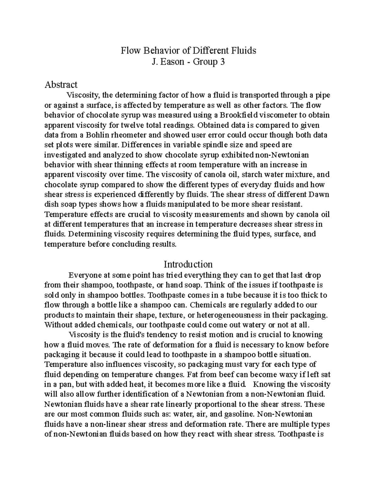 Flow Behavior Lab Report - Flow Behavior of Different Fluids J. Eason ...