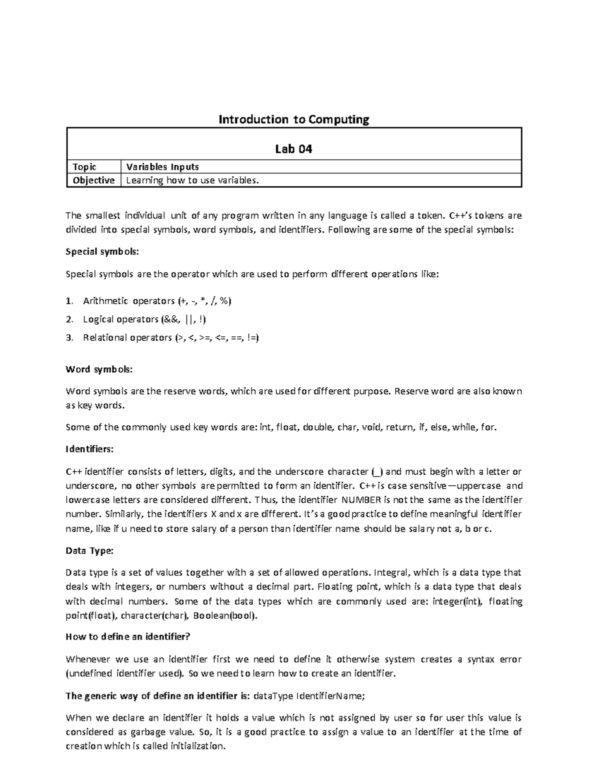 Lab 4 Important Introduction To Computing Lab 04 Topic Variables Inputs Objective Learning