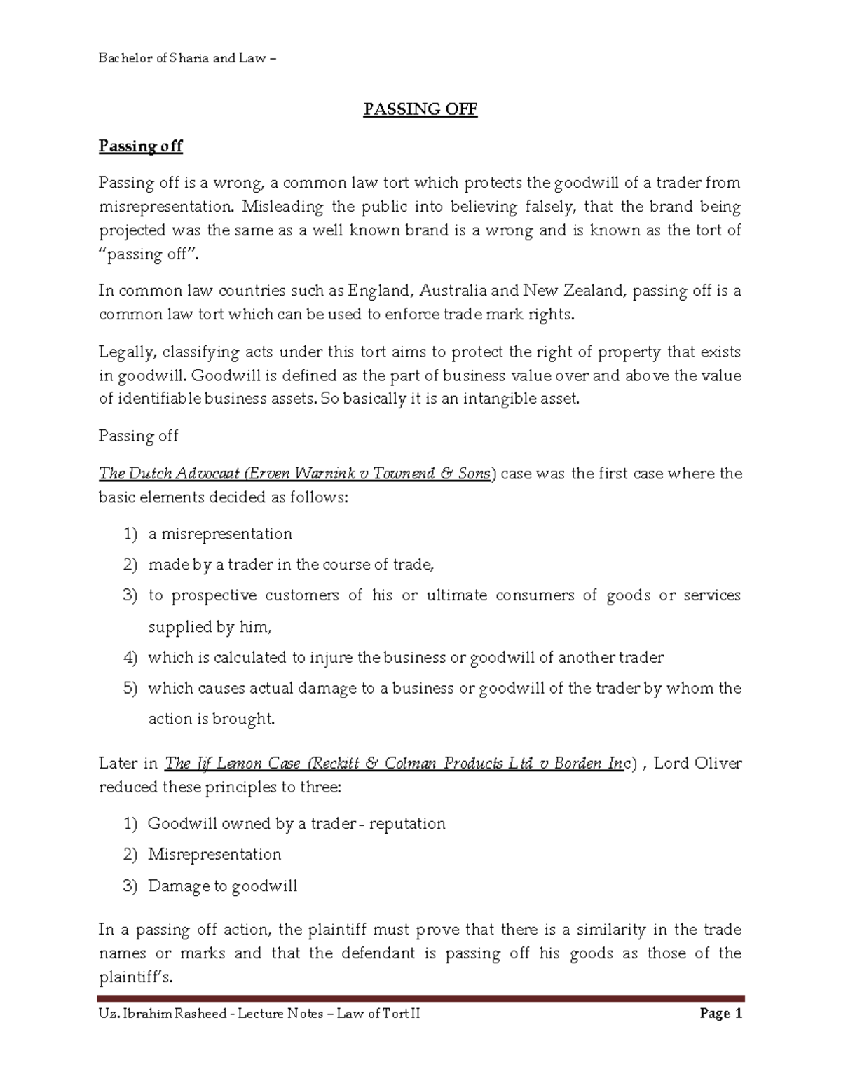 18. Passing OFF - lecture notes of tort law II - Bachelor of Sharia and ...