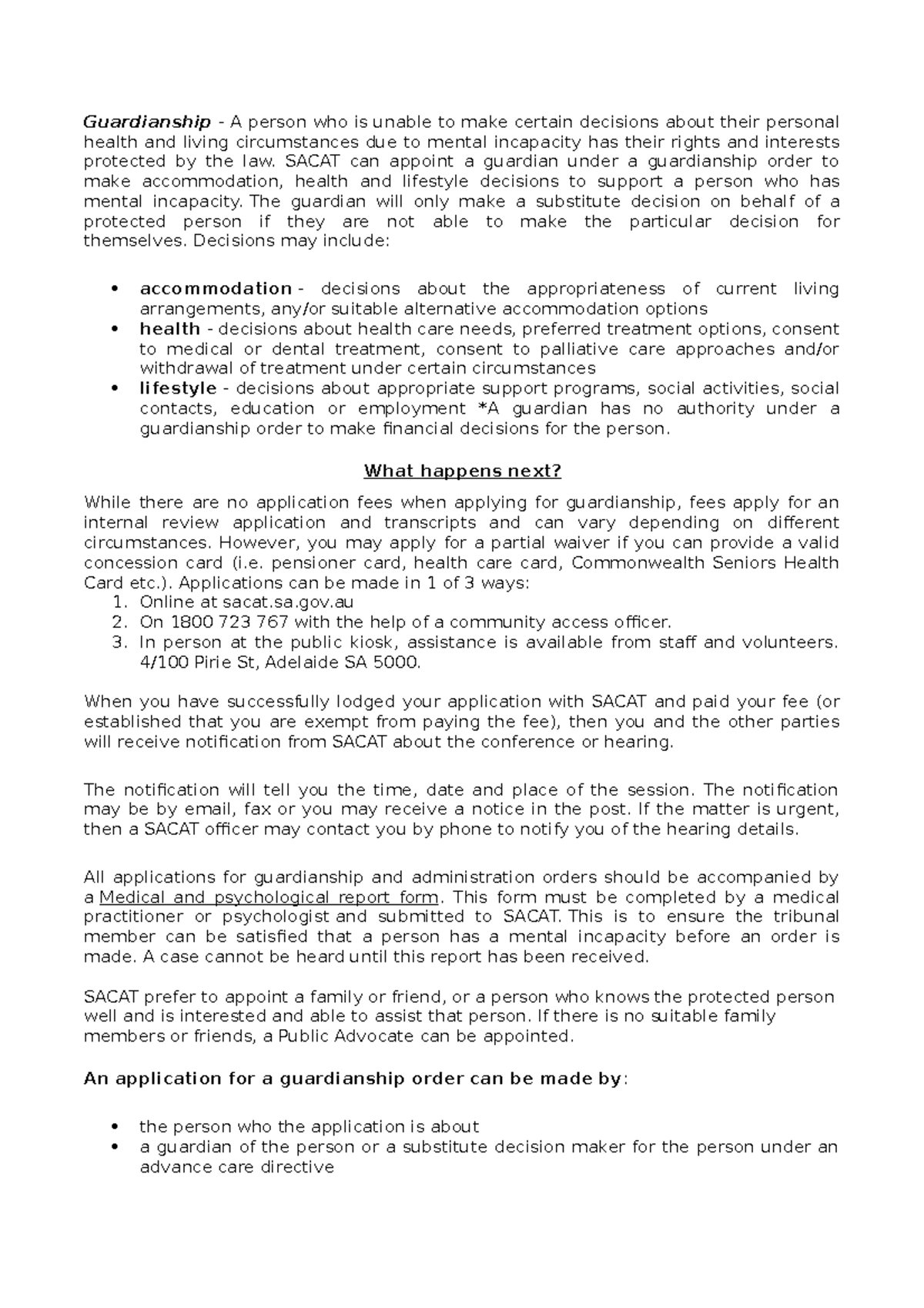 Guardianship Fact Sheet - Guardianship - A person who is unable to make ...