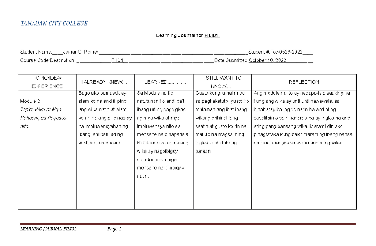 Fili01 - Just anonymous - TANAUAN CITY COLLEGE Learning Journal for ...