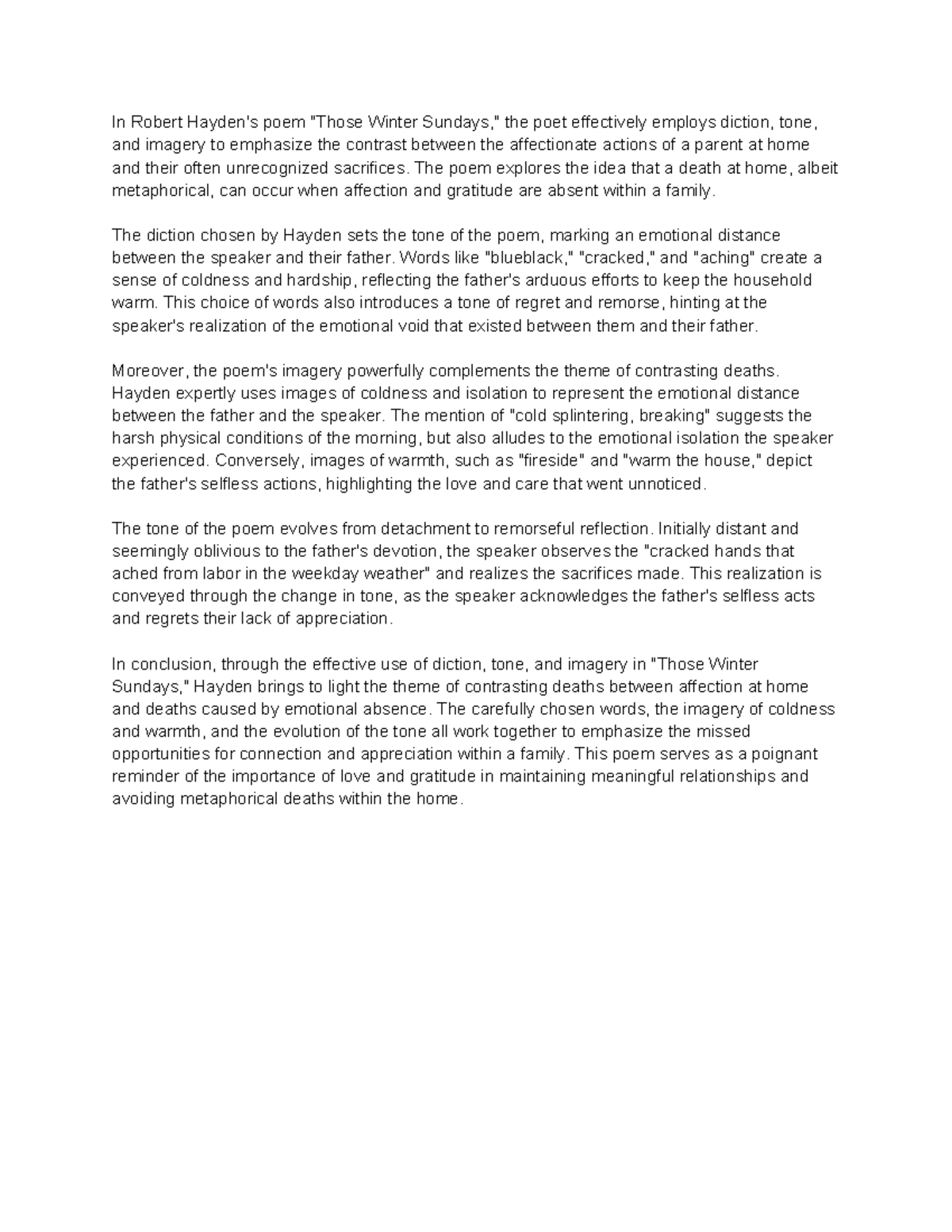 Those Winter Sundays by Robert Hayden - In Robert Hayden's poem "Those ...