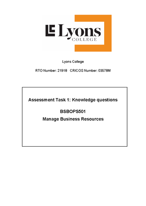 18-8-23 Guide- Bsbops 501 - Task 1 - Lyons College RTO Number: 21918 CRICOS Number: 03578M - Studocu