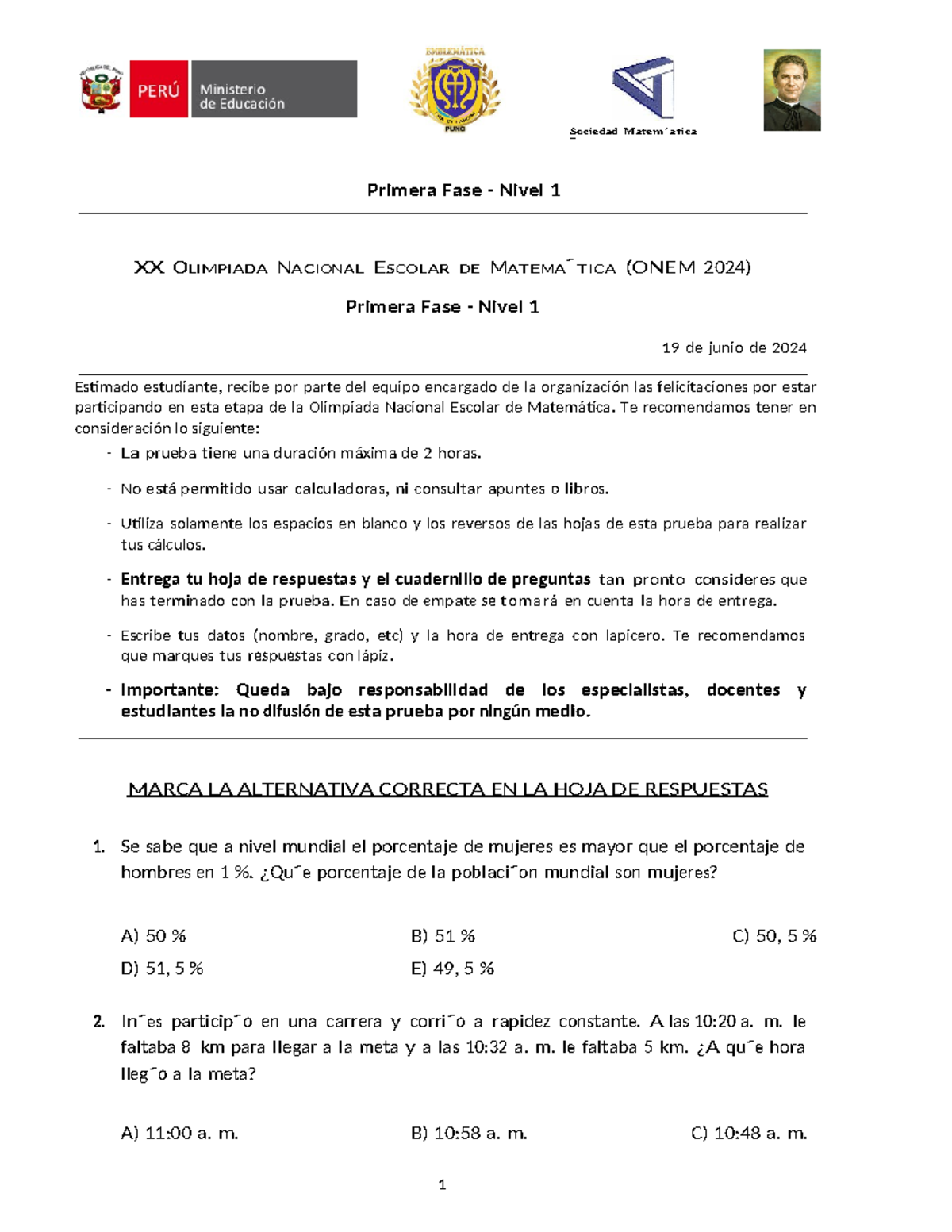 Nivel I 2024 ONEM - EVALUACION - Per ua na Primera Fase - Nivel 1 XX O ...