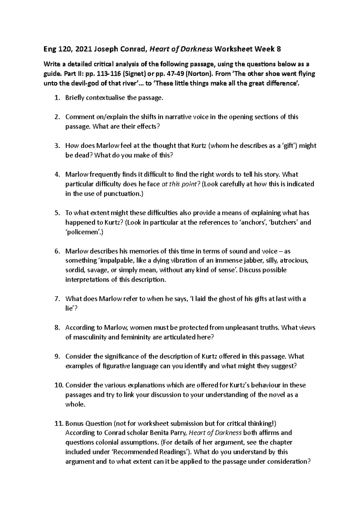 Week 9 Worksheet (1) eng - Eng 120, 2021 Joseph Conrad, Heart of ...