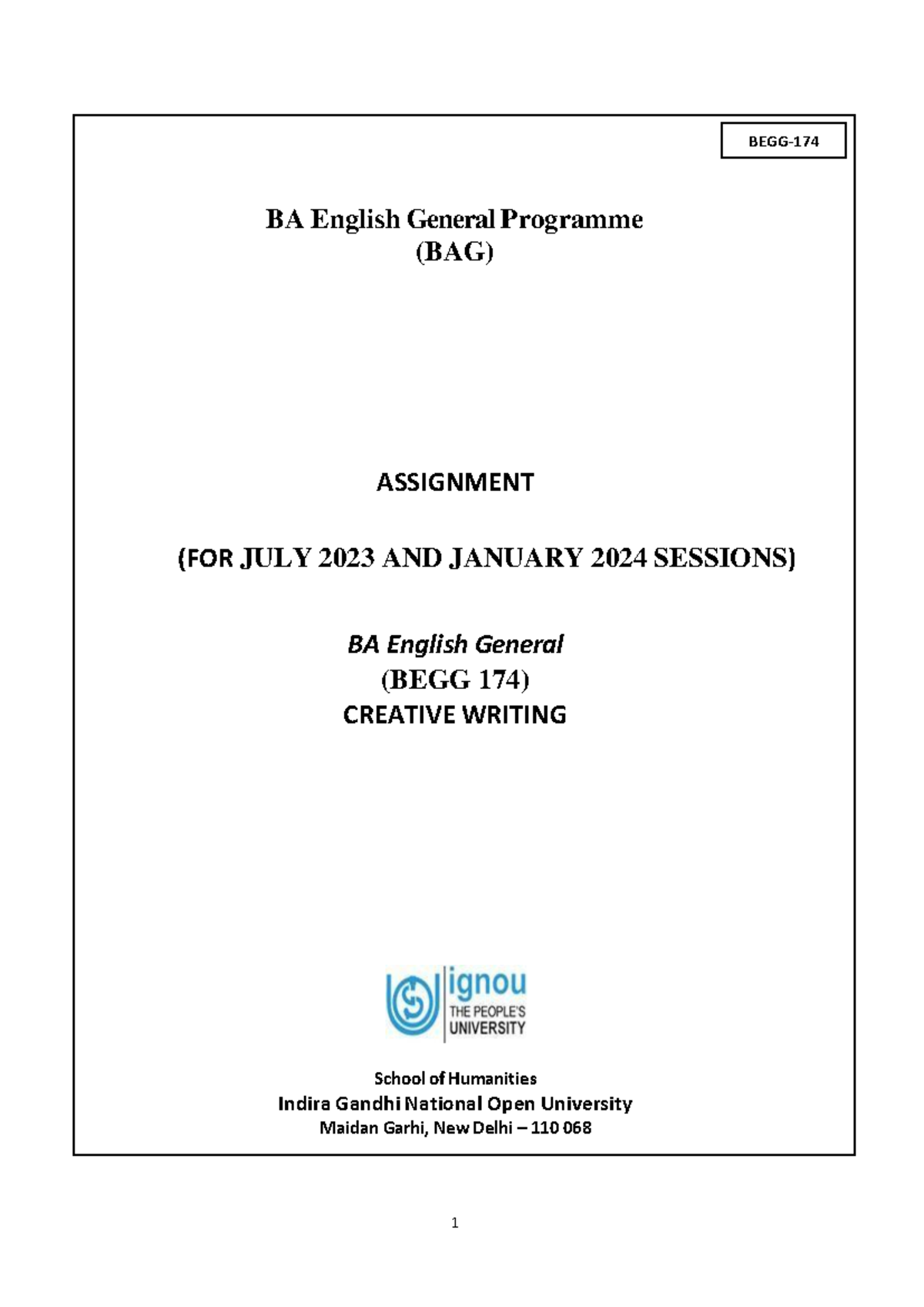 Assignment BAG BEGG-174 creative writing JULY 23-JAN 24 - BA English ...