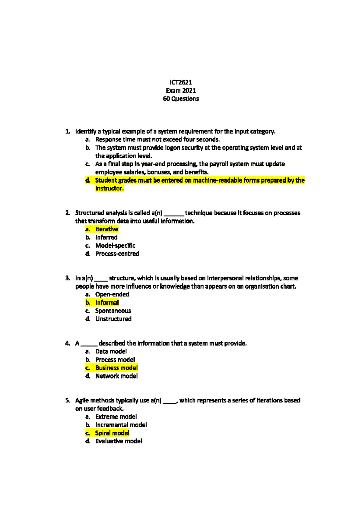 2021 Exam Question paper - ICT2621 Exam 2021 60 Questions 1. Identify a ...