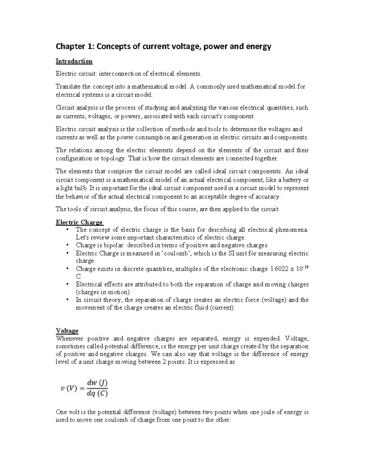 Chapter 1 Electricity - Chapter 1: Concepts of current voltage, power ...