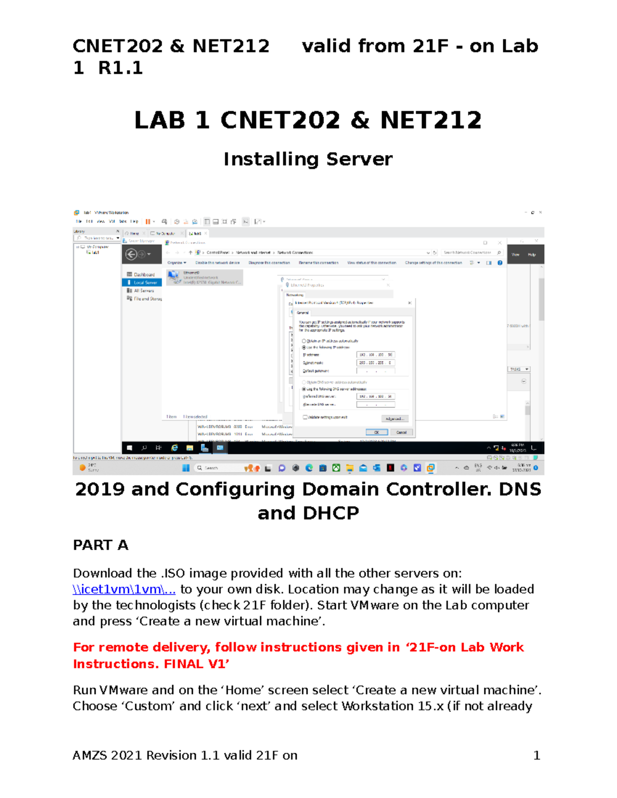 Student LAB 1 2019 - lab1 - 1 R1. LAB 1 CNET202 & NET Installing Server 2019 and Configuring ...