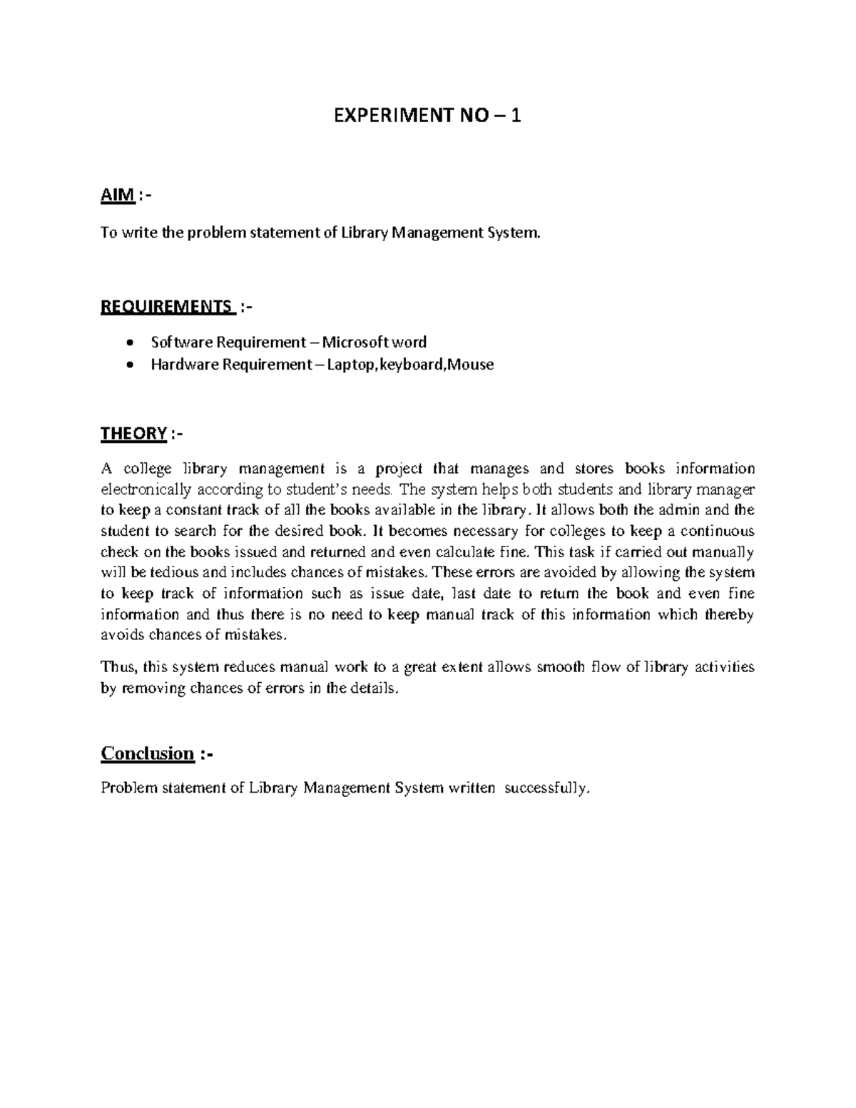 0 Div SE project file - EXPERIMENT NO – 1 AIM :- To write the problem ...