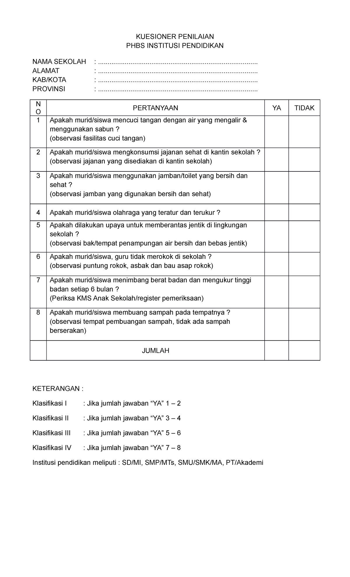 PHBS Pendidikan - KUESIONER PENILAIAN PHBS INSTITUSI PENDIDIKAN NAMA ...