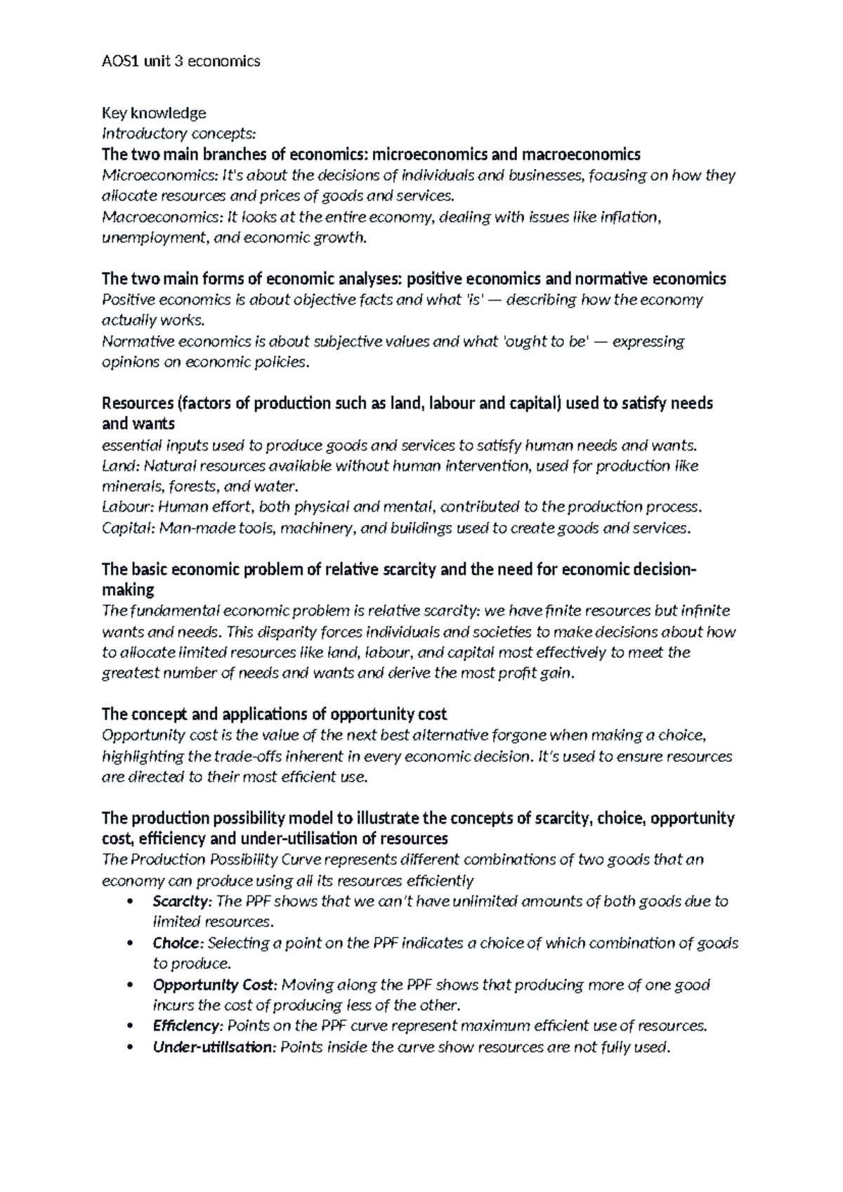 VCE ecnomics unit 3 AOS1 summary - Key knowledge Introductory concepts ...
