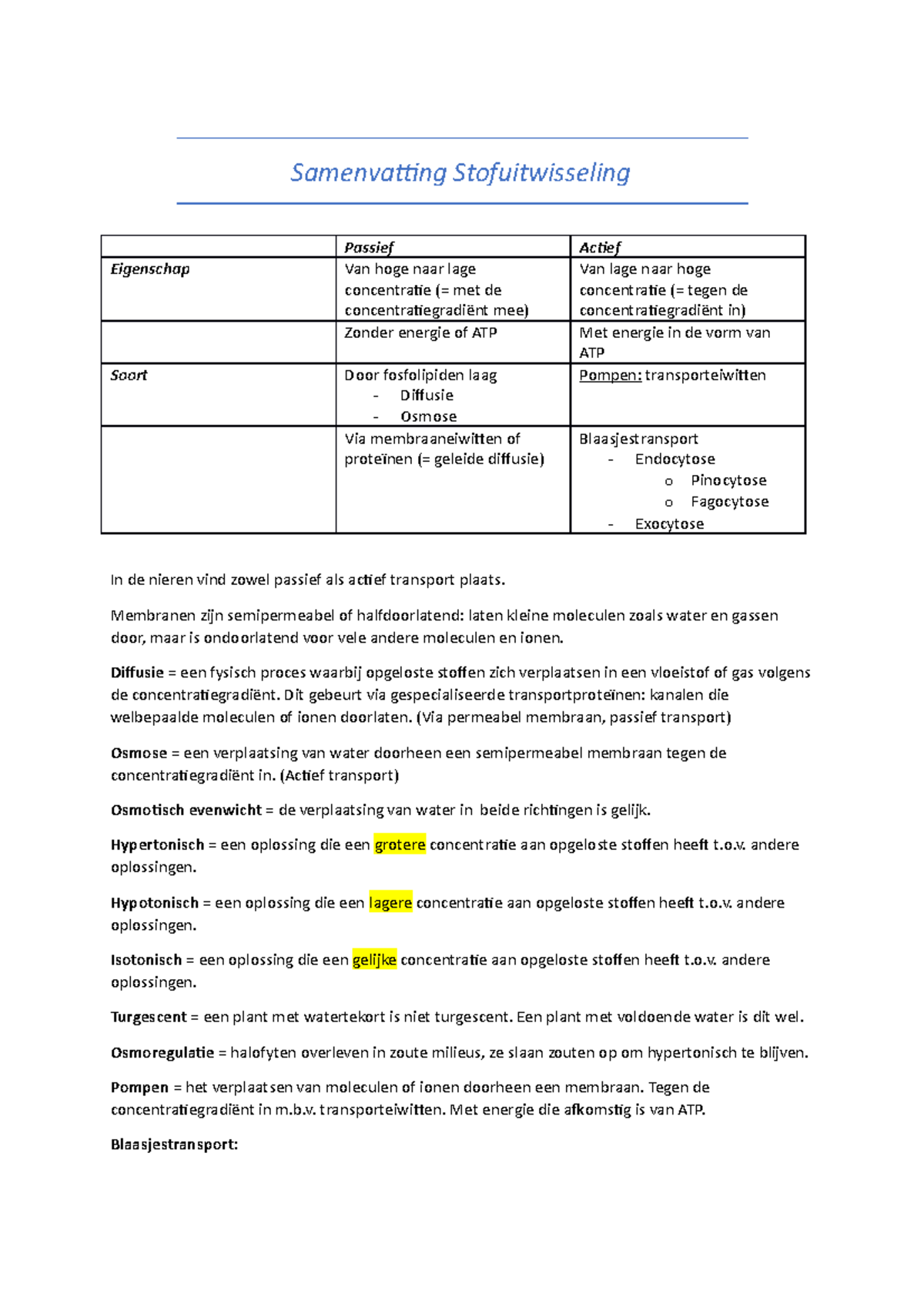 Samenvatting Stofuitwisseling - Samenvatting Stofuitwisseling Passief ...