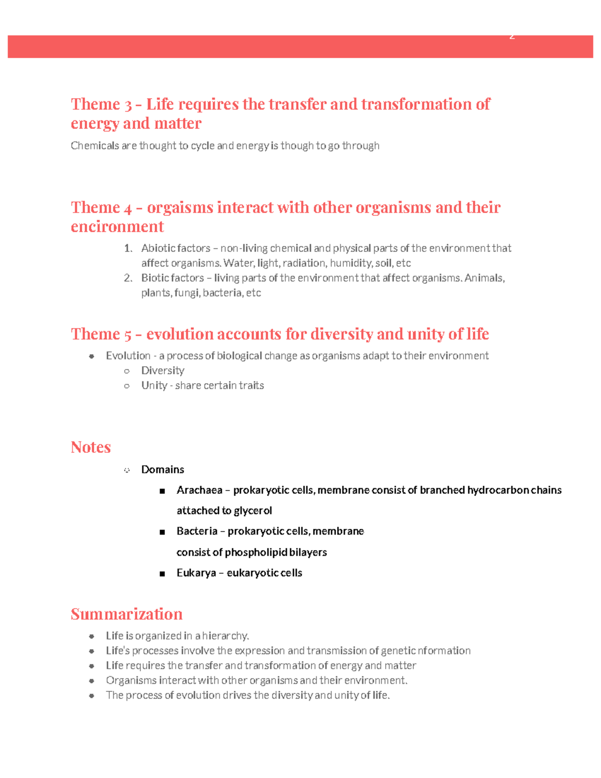 Bio notes - Gen Bio I - 2 Theme 3 - Life requires the transfer and ...