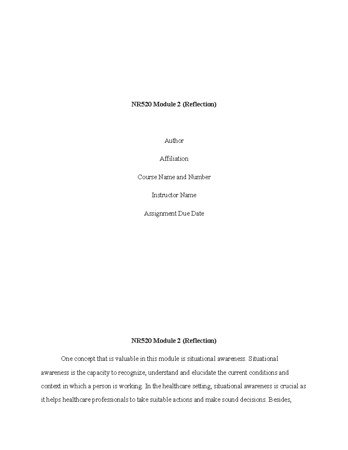NR520 Module 2 (Reflection) - NR520 Module 2 (Reflection) Author ...