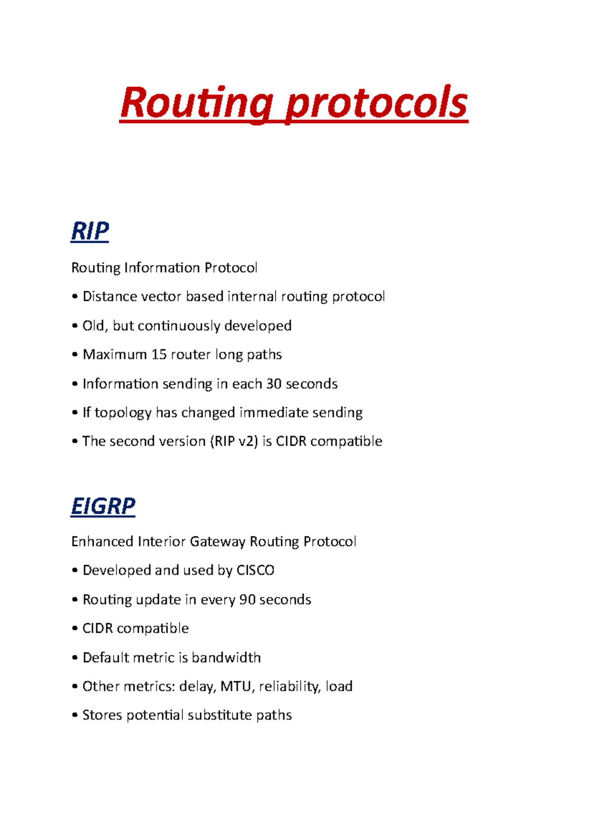 Routing protocols - Routing protocols RIP Routing Information Protocol Distance vector based ...
