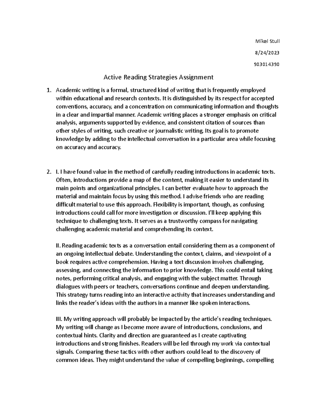 Active Reading Strategies Assignment - Mikel Stull 8/24/ 903014390 ...
