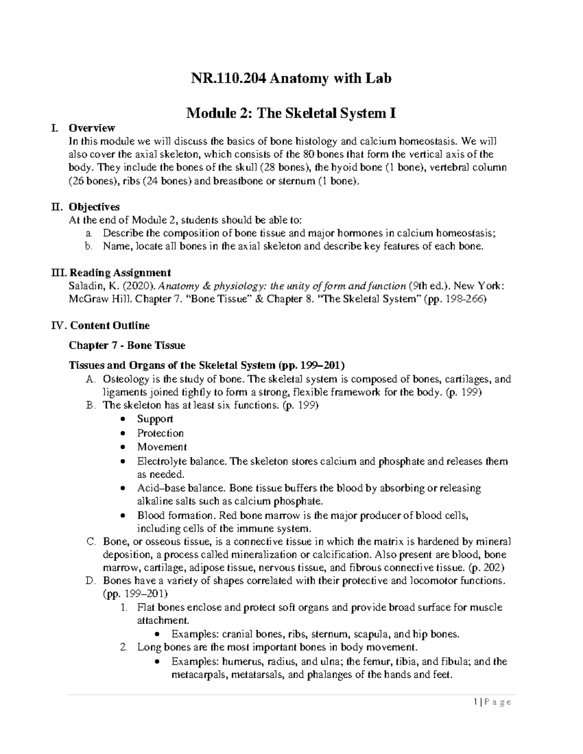 NR.110.204 Anatomy Module 2 Skeletal System I Outline - NR.110 Anatomy ...