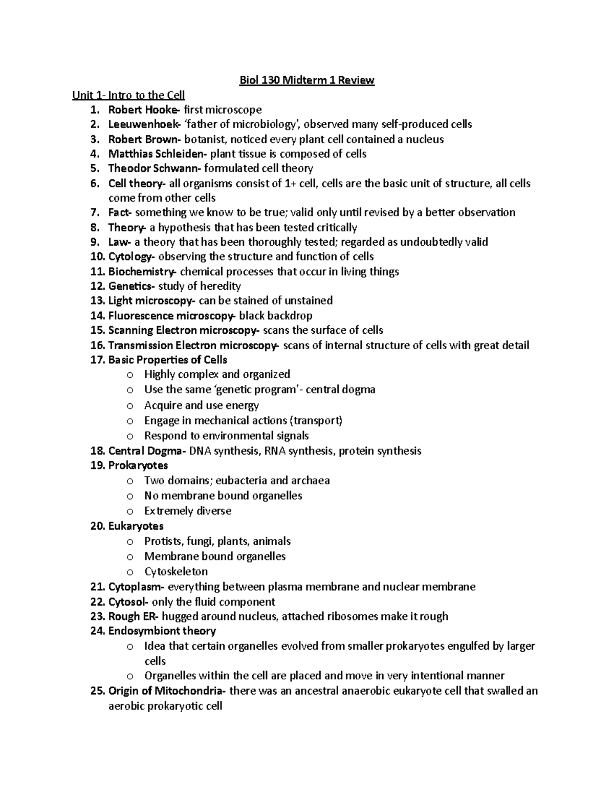 Biol 130- Midterm 1 - Summary Essential Cell Biology - Biol 130 Midterm 1 Review Unit 1- Intro ...