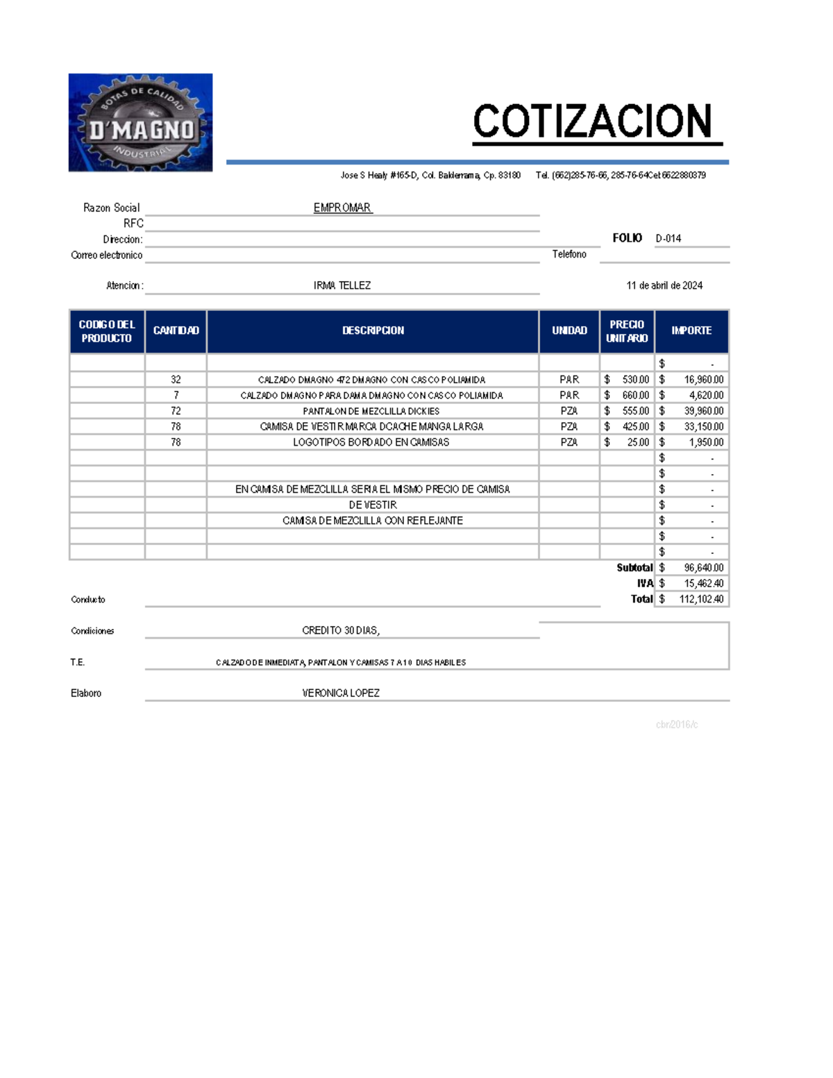 Cotizacion D-014 Empromar - Razon Social RFC Direccion: FOLIO D- Correo ...