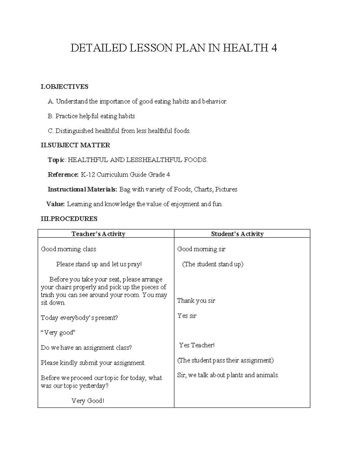 Detailed Lesson PLAN IN Health 4 - DETAILED LESSON PLAN IN HEALTH 4 I A ...