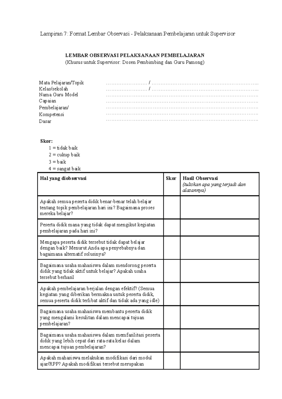 Lampiran 7 - Format Lembar Observasi Pelaksanaan Pembelajaran untuk ...