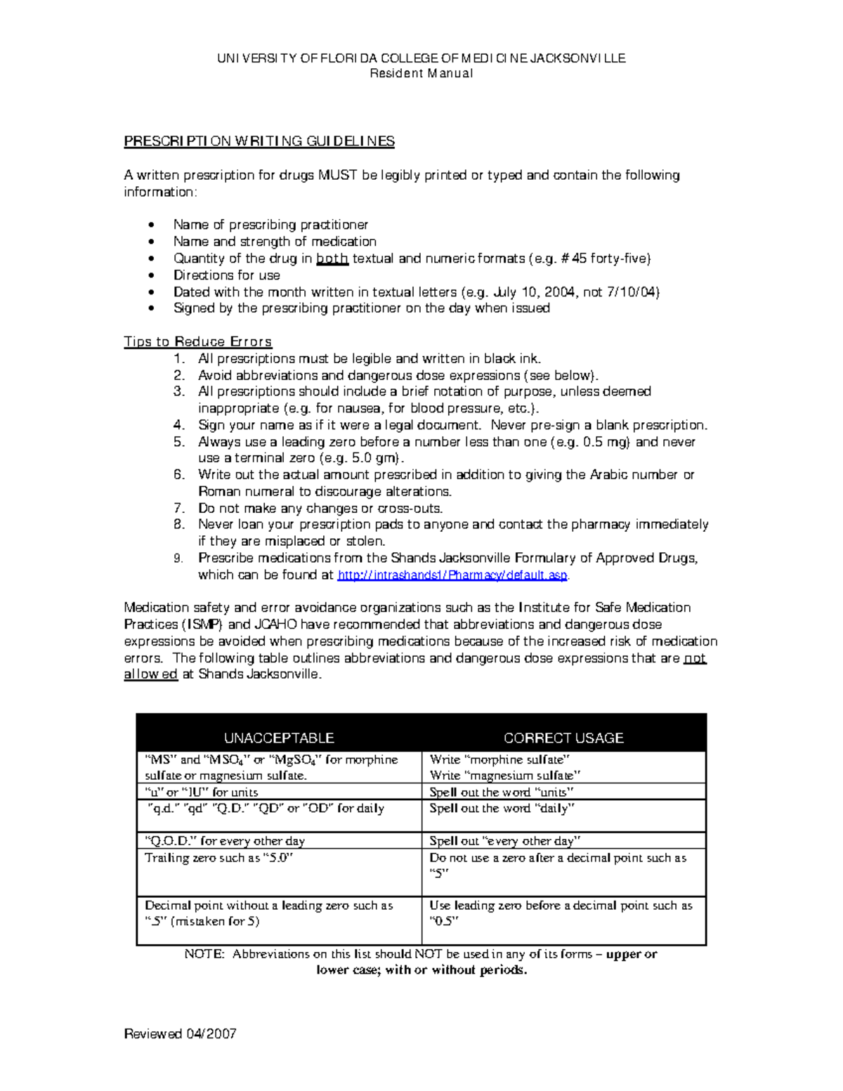 Prescription writing guidelines - UNIVERSITY OF FLORIDA COLLEGE OF ...