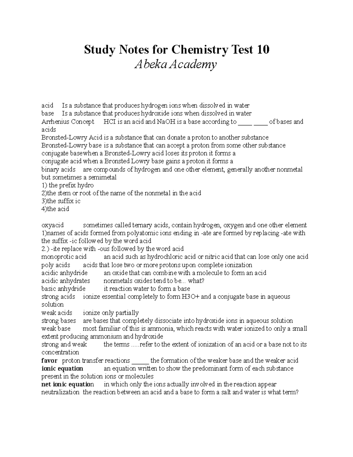 Study Notes for Chemistry Test 10 - ) -ite replace with -ous followed ...