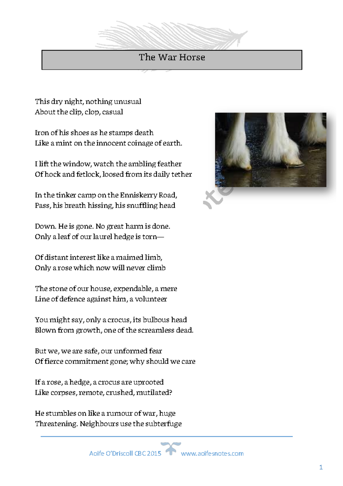 Boland - The War Horse - Yes - Aoife O’Driscoll CBC 2015 aoifesnotes ...