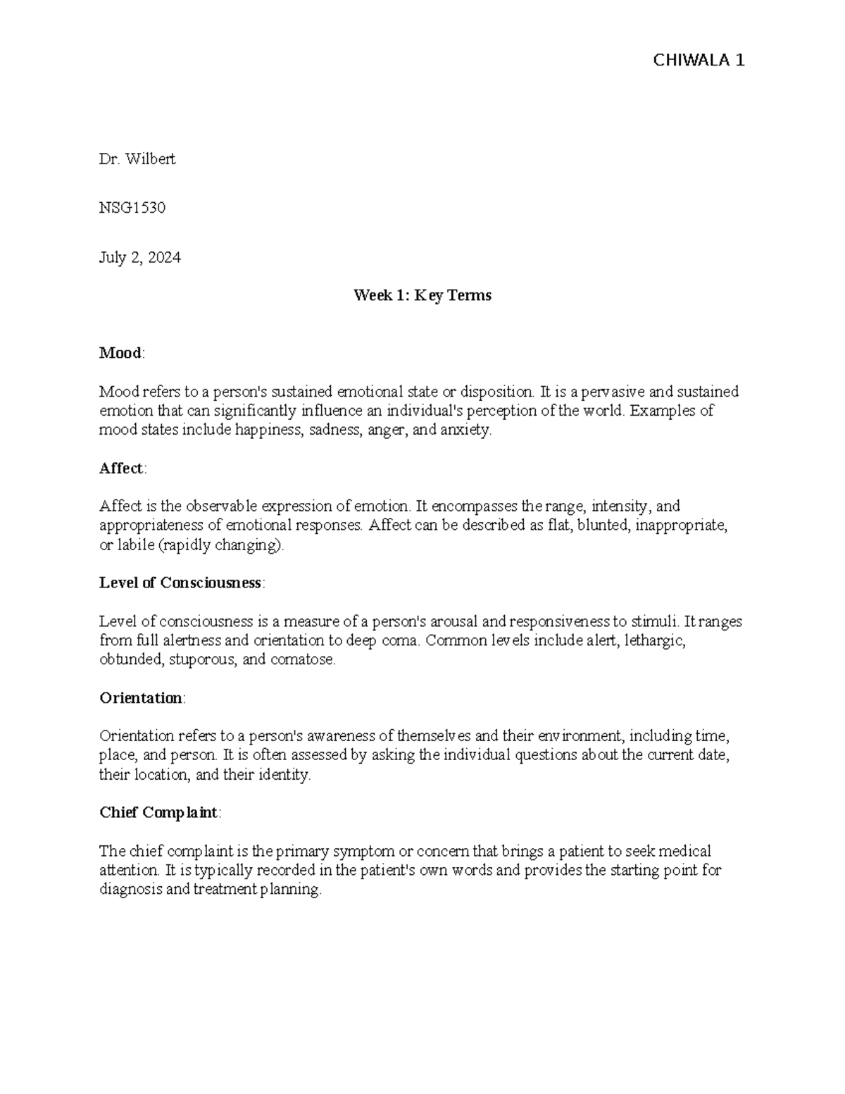 Week 1 Key Terms - Assignment - Dr. Wilbert NSG July 2, 2024 Week 1 ...