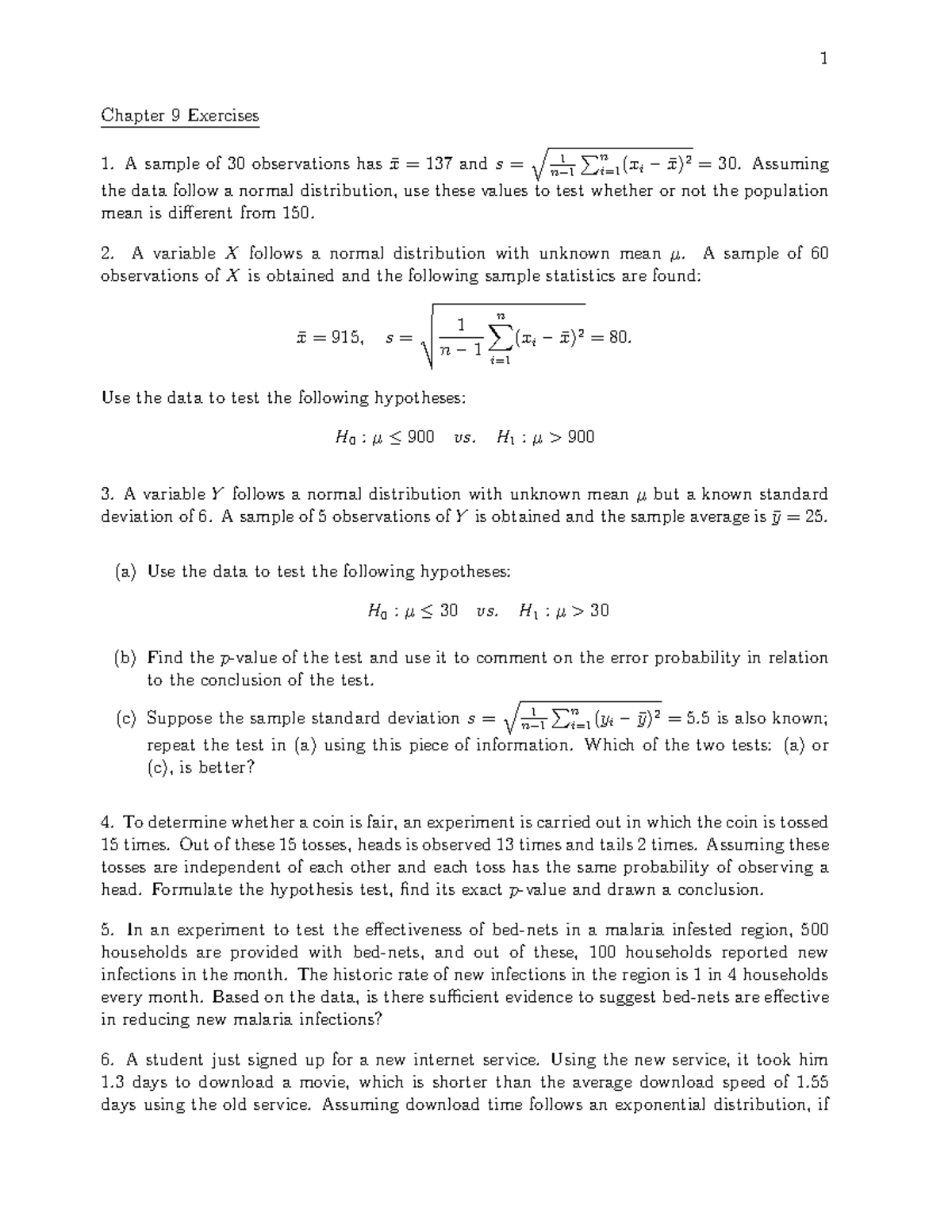 Stat151 ch9 exercise - 1 Chapter 9 Exercises q Pn 1 ¯)2 = 30. Assuming 1. A sample of 30 - Studocu