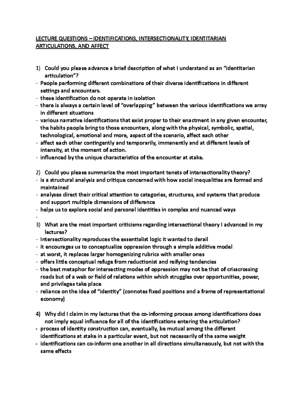 Lecture Questions – Identifications, Intersectionality, Identitarian ...