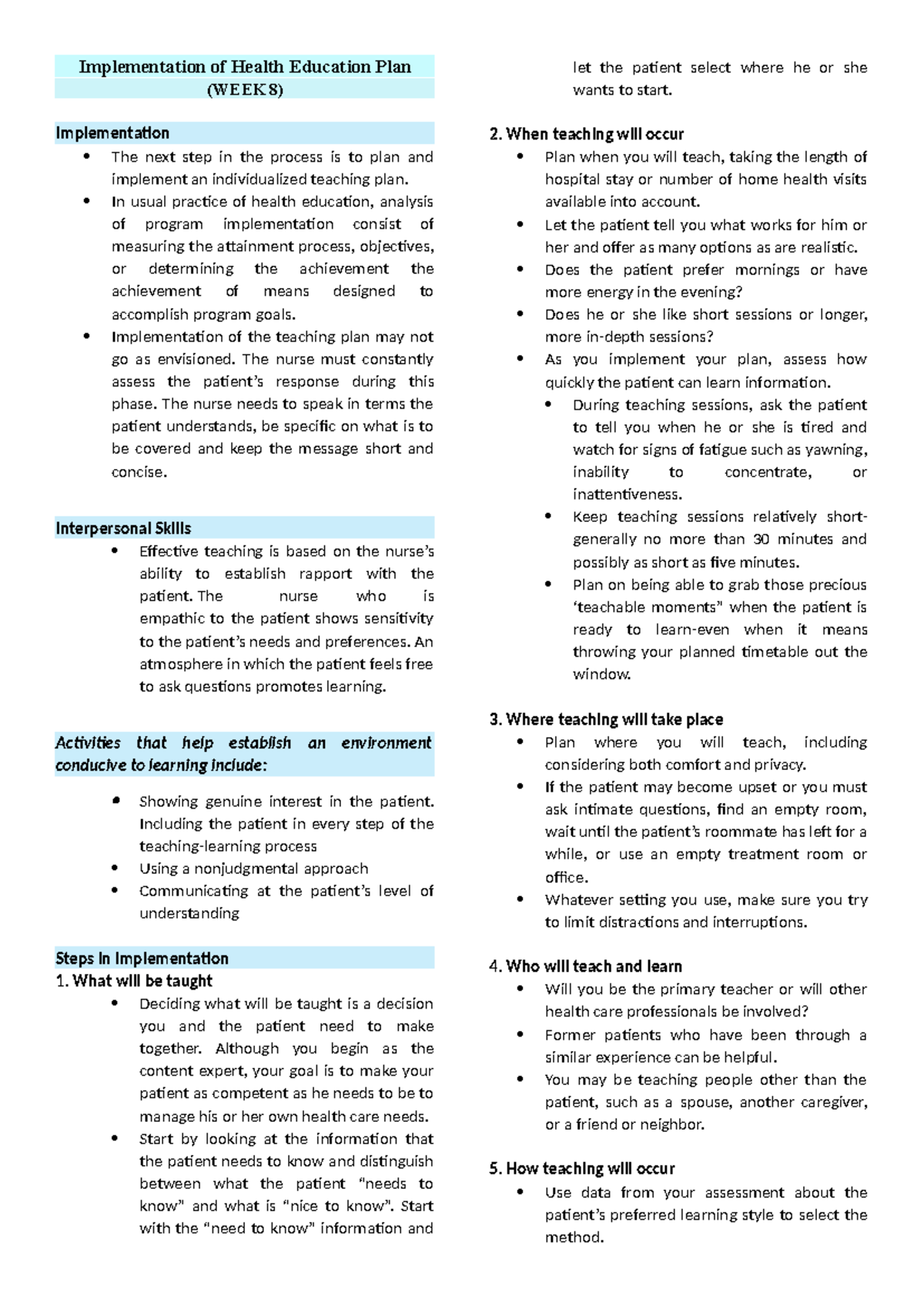 H.E Midterm - Implementation of Health Education Plan (WEEK 8 ...
