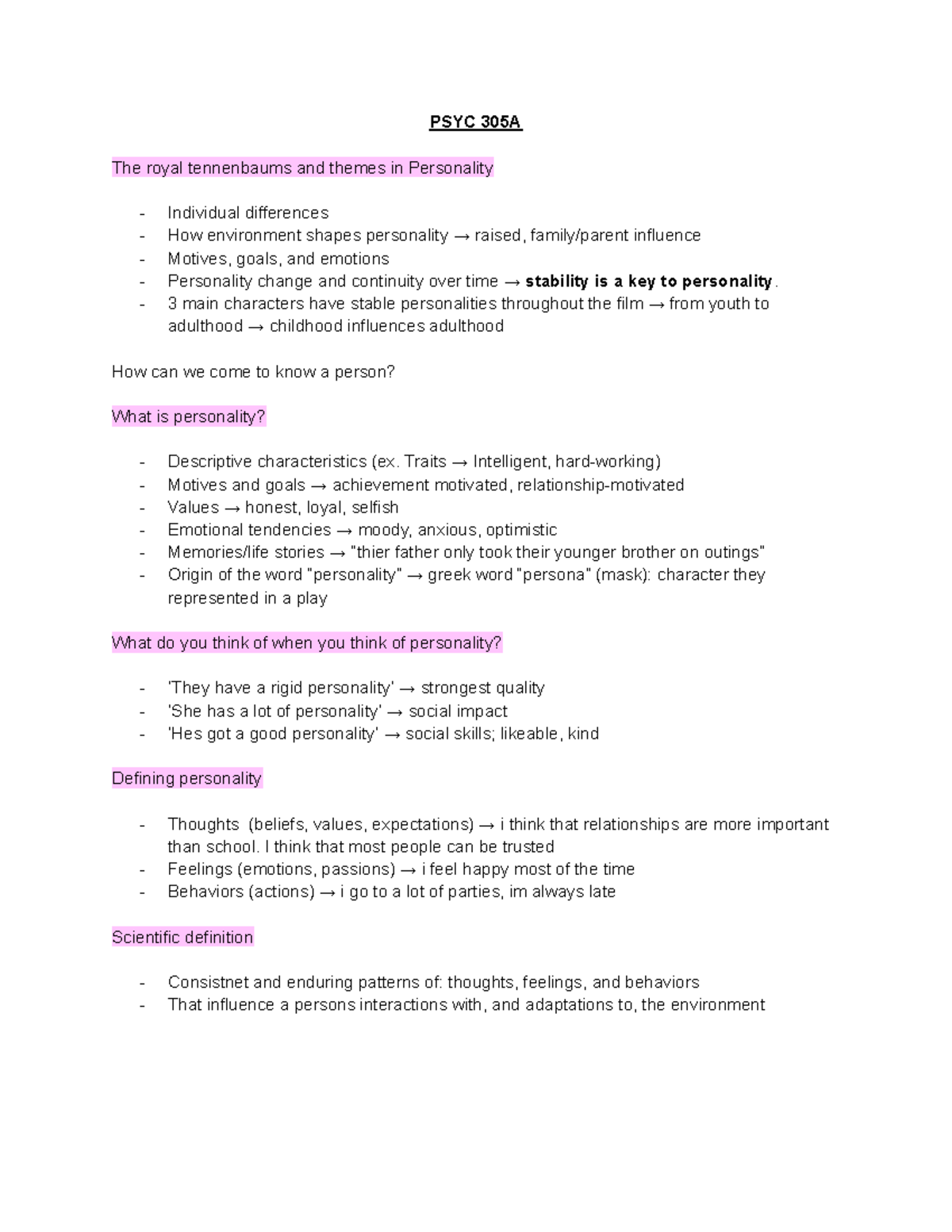 PSYC 305A - midterm 1 notes - PSYC 305A The royal tennenbaums and ...
