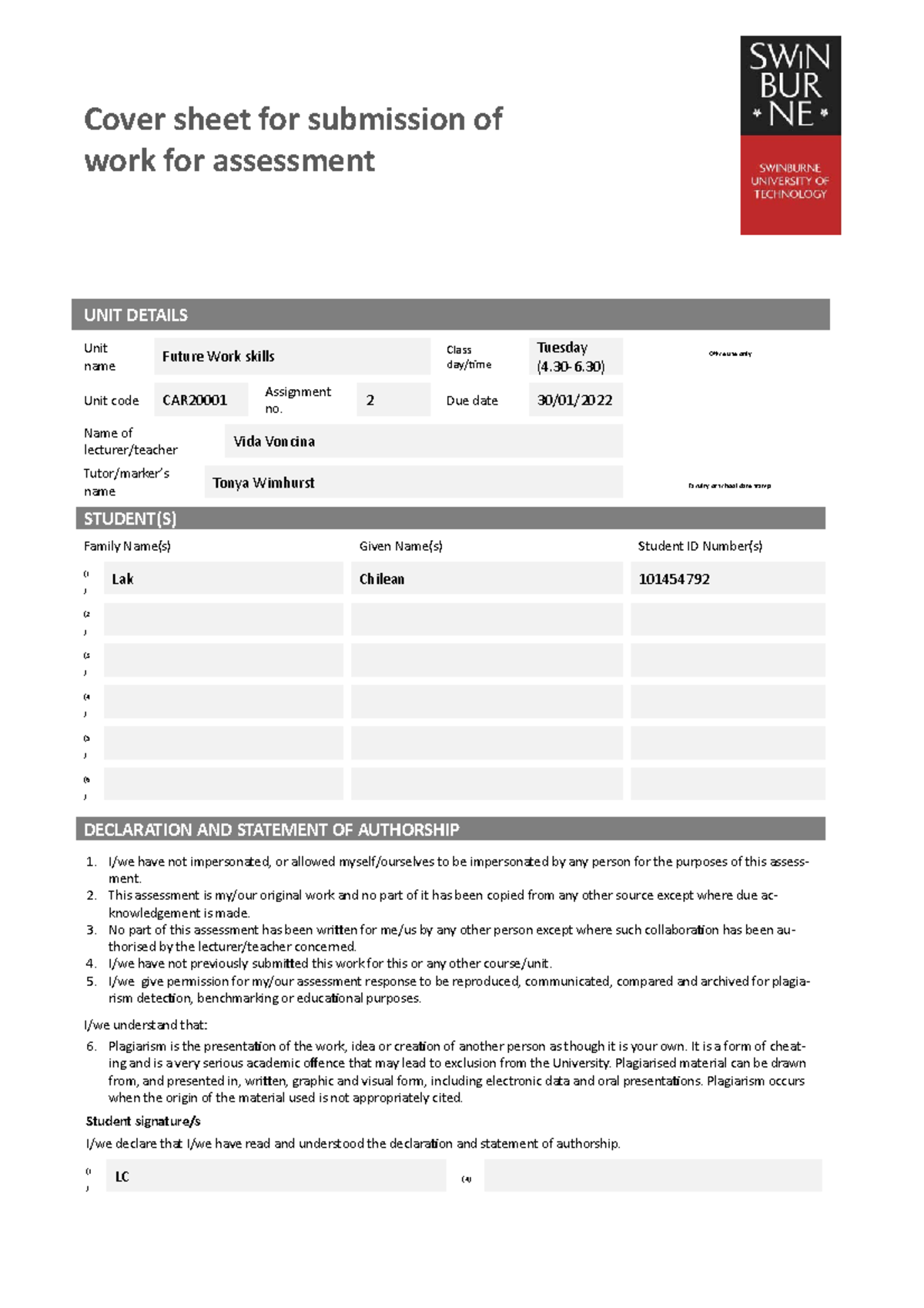 A1 Template - My personal work - Cover sheet for submission of work for ...