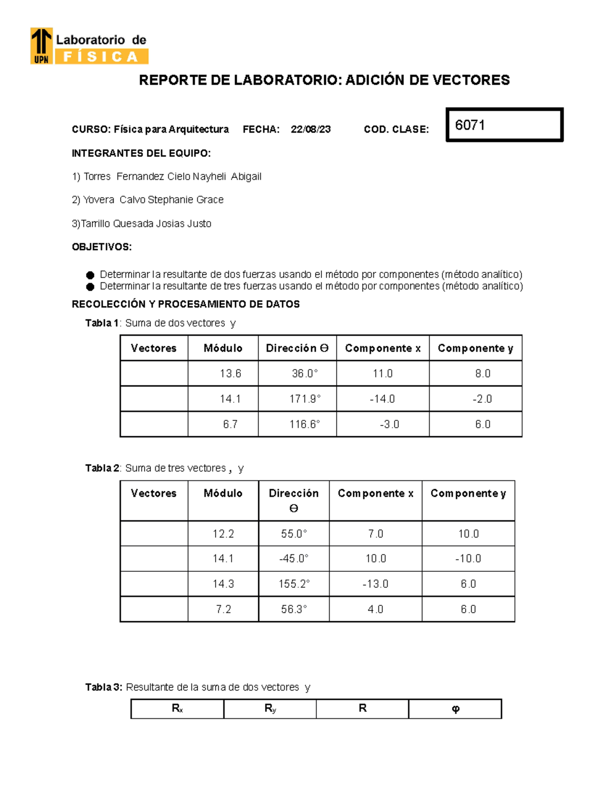 Reporte LAB Fisiarq S02 Grupo 04 - REPORTE DE LABORATORIO: ADICIÓN DE VECTORES CURSO: Física ...