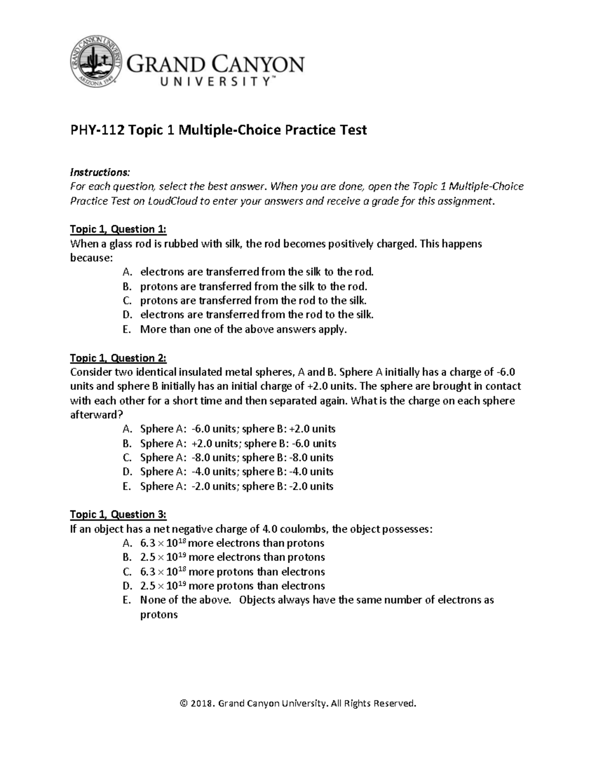 PHY-112 Topic 1 Multiple-Choice Practice Test - PHY- 112 Topic 1 ...