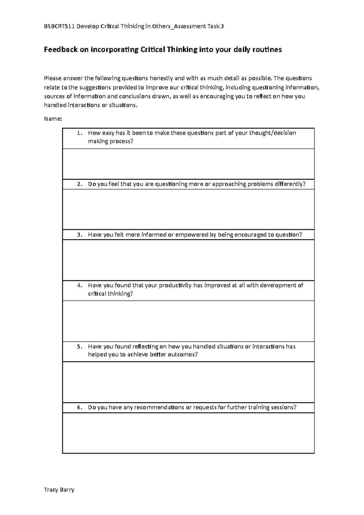 Feedback on incorporating Critical Thinking into your daily routines ...