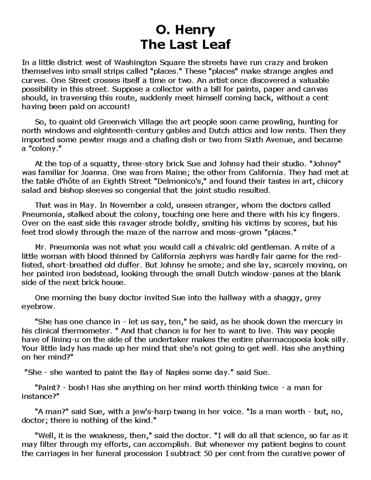 The Last Leaf Handouts groupings - O. Henry The Last Leaf In a little ...