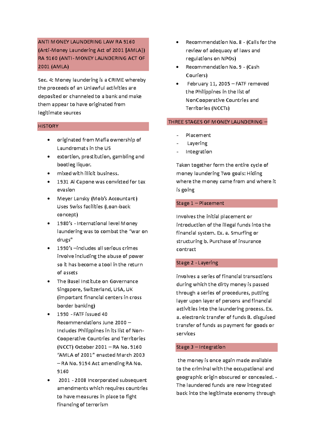 BLAI - BLAI NOTES - ANTI MONEY LAUNDERING LAW RA 9160 (Anti-Money ...