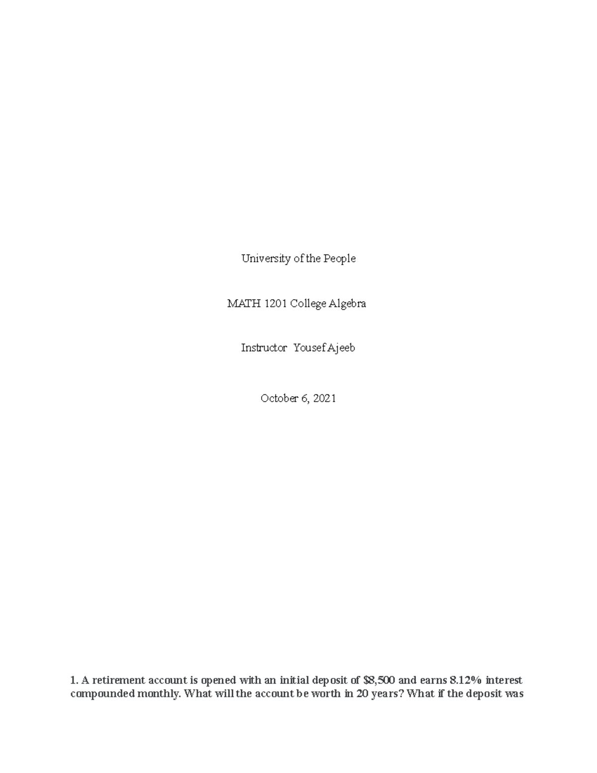 Written Assignment Unit 5 - University of the People MATH 1201 College ...