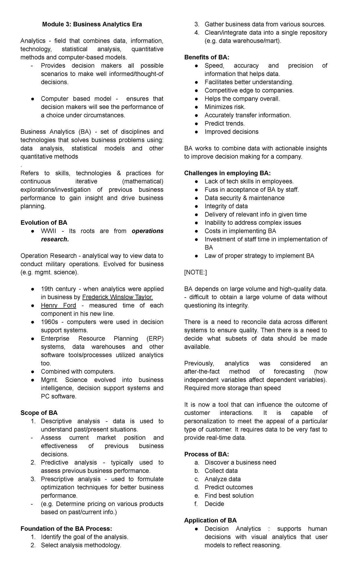 Litea Notes, Module 3 Business Analytics Era - Module 3: Business ...